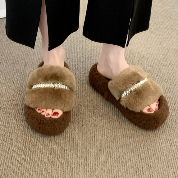AUNVITO Women's Plush-Lined Platform Slippers Winter Fuzzy Warm House ...