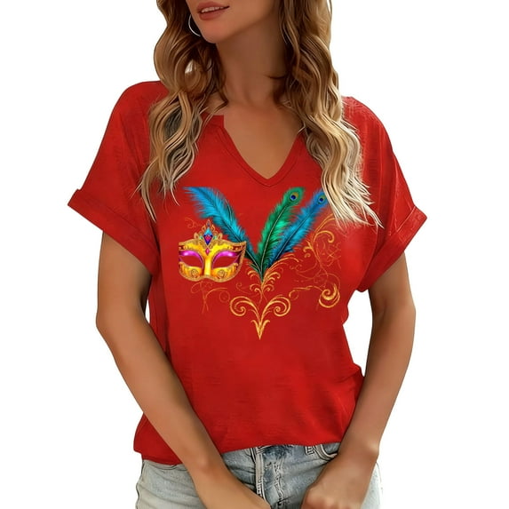 AUNVITO Women's Print T-Shirt V-Neck Short Sleeve with 2025 Carnival ...