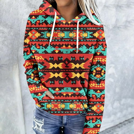 AUNVITO Women's Retro Print Sweatshirt Hooded Long Sleeve with Vintage ...
