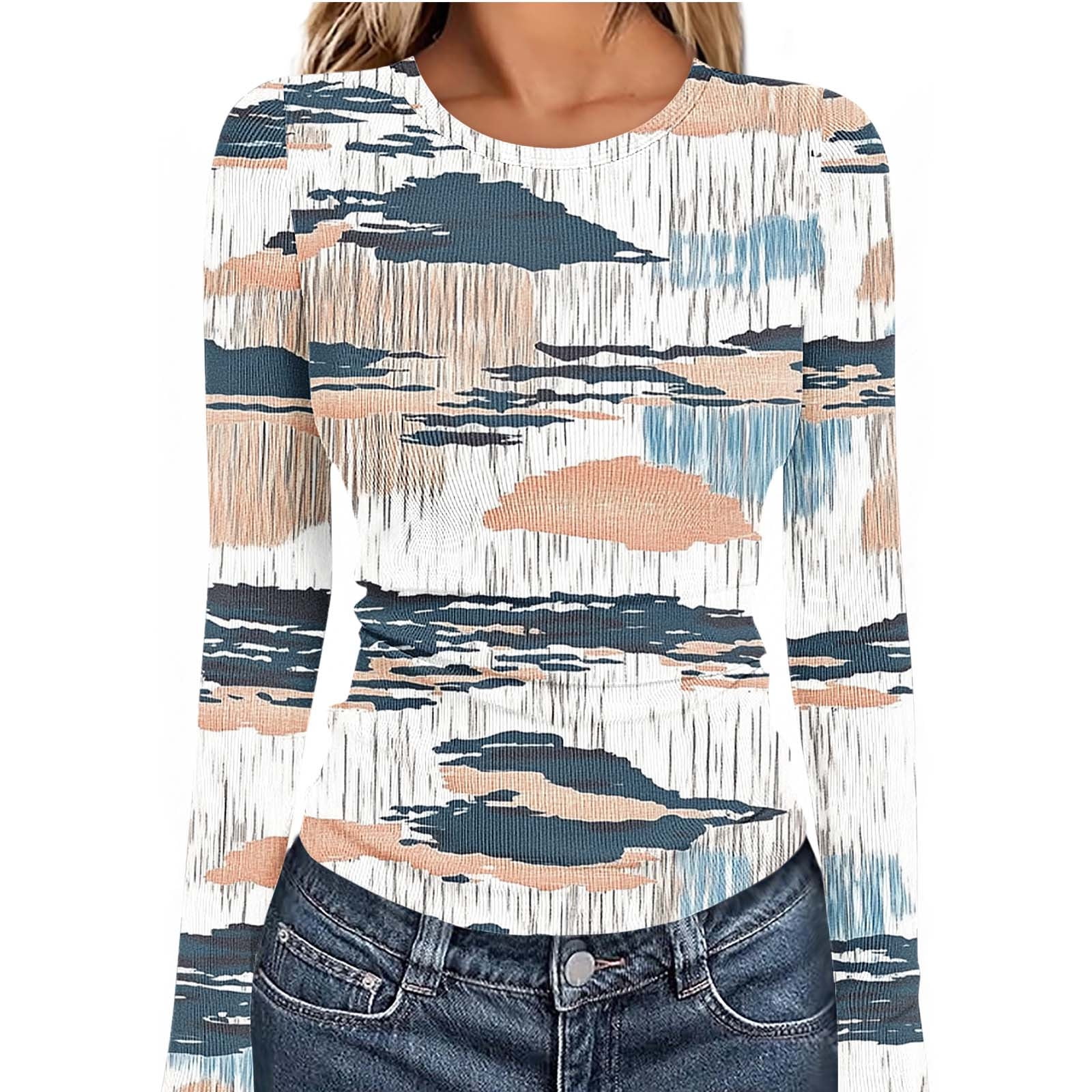 AUNVITO Women's Ribbed Top Round Neck Long Sleeve Sleek Fit Stretchy ...