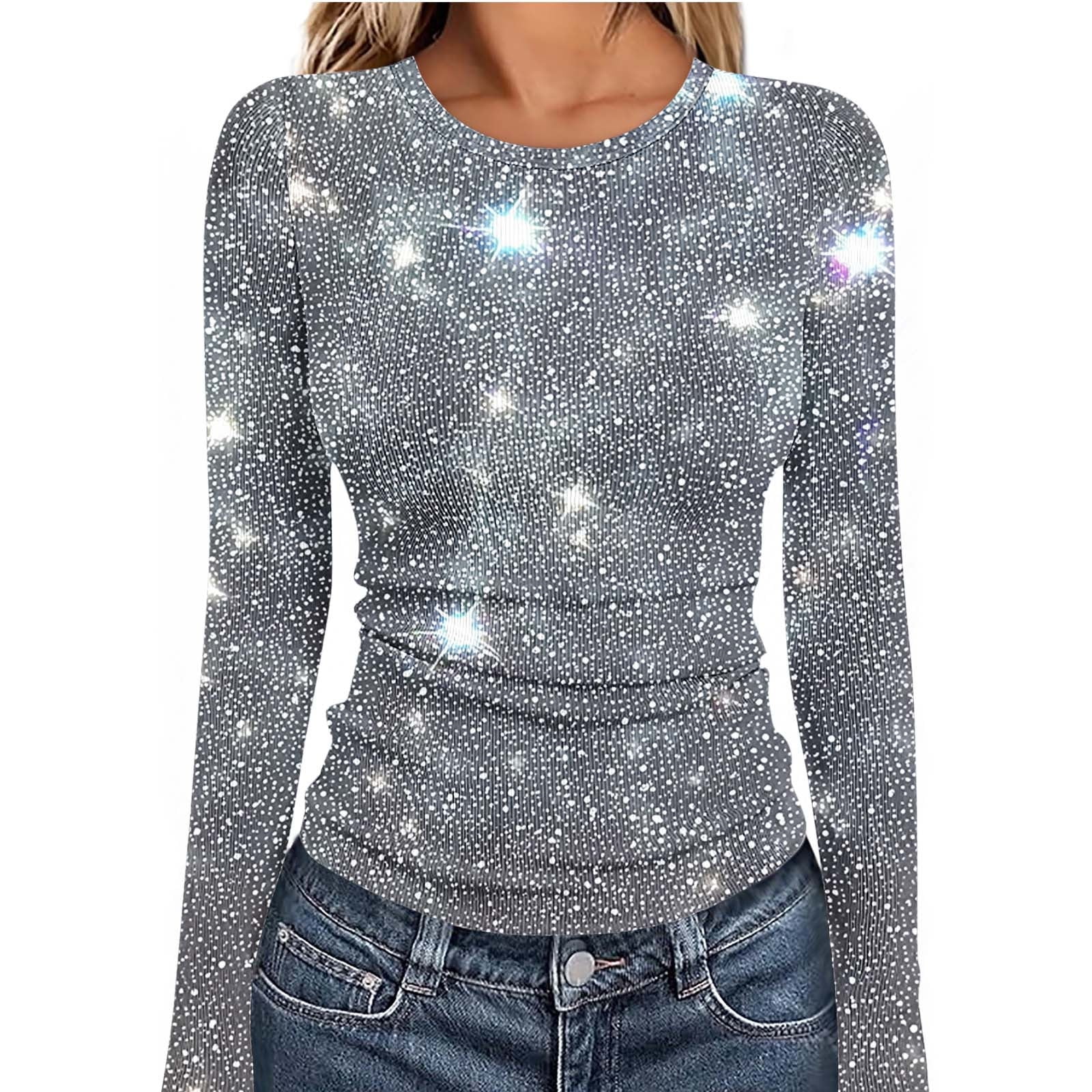 AUNVITO Women's Ribbed Top Round Neck Long Sleeve Sleek Fit Stretchy ...