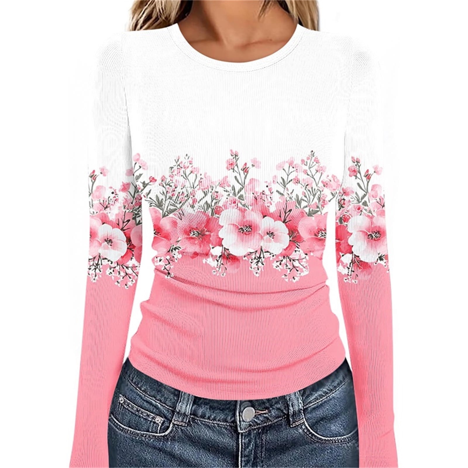 AUNVITO Women's Ribbed Top Round Neck Long Sleeve Sleek Fit Stretchy ...