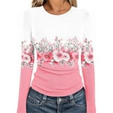 AUNVITO Women's Ribbed Top Round Neck Long Sleeve Sleek Fit Stretchy ...