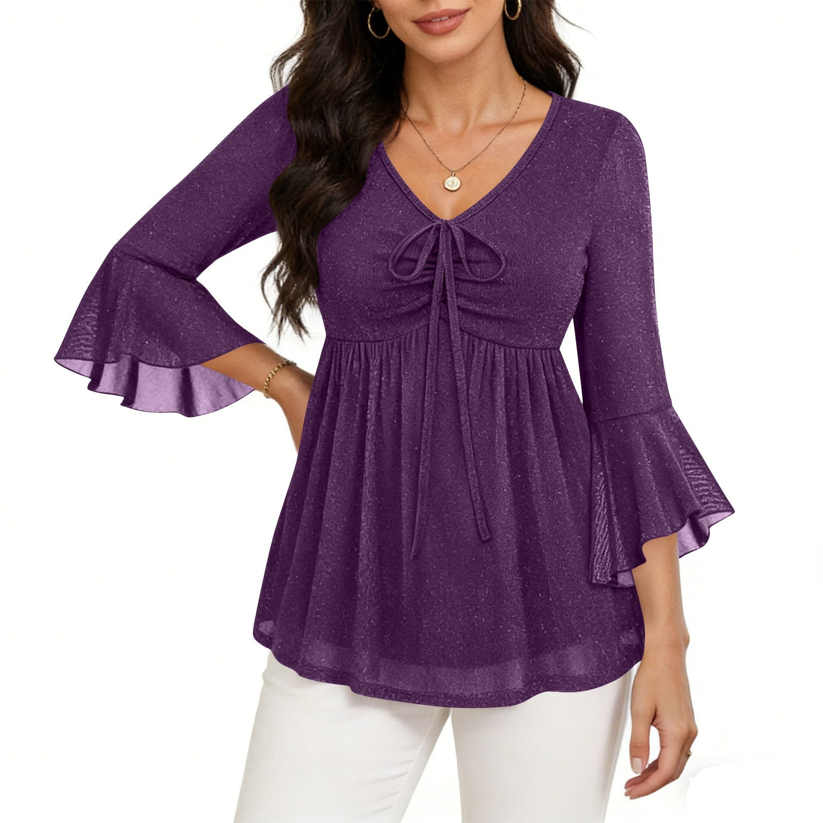 AUNVITO Women's Ruffle Blouse with Shiny Gold Foil 3/4 Sleeve and ...