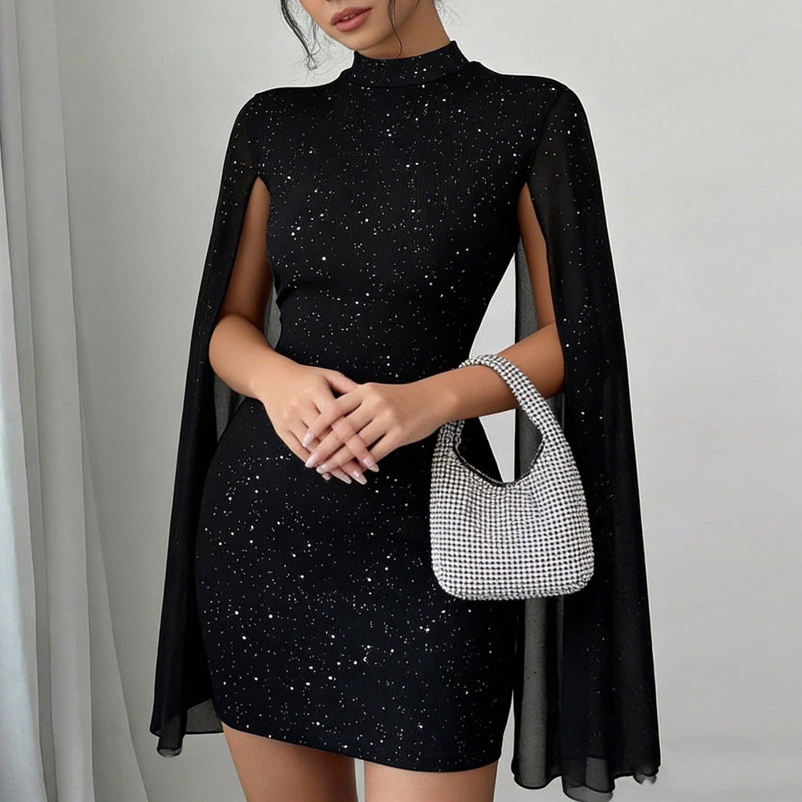 AUNVITO Women's Sequin Bodycon Mini Dress with High Neck Cape Sleeve ...