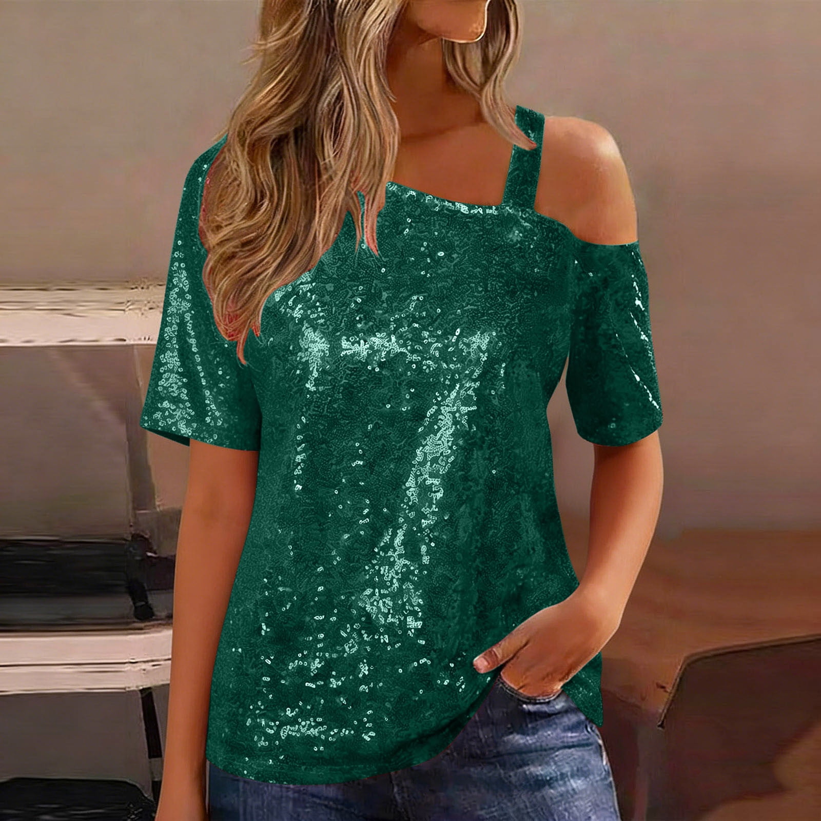 AUNVITO Women's Sequin Off Shoulder One Strap Top Solid Color Block ...