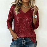 AUNVITO Women's Sequined V-Neck 3/4 Sleeve Side Slit Blouse Casual ...