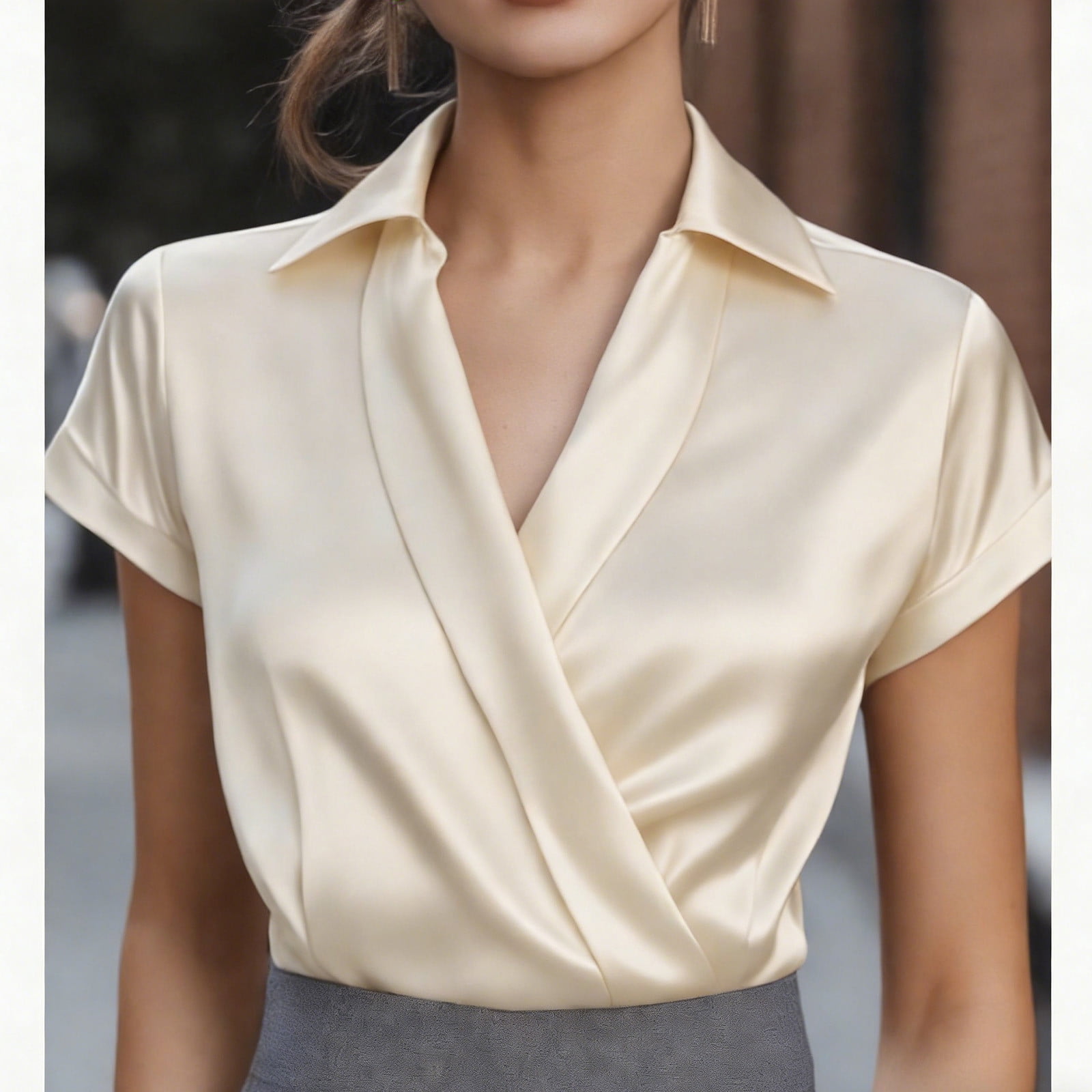 AUNVITO Women's Short Sleeve Turn-Down Collar Blouse Solid Color Casual ...