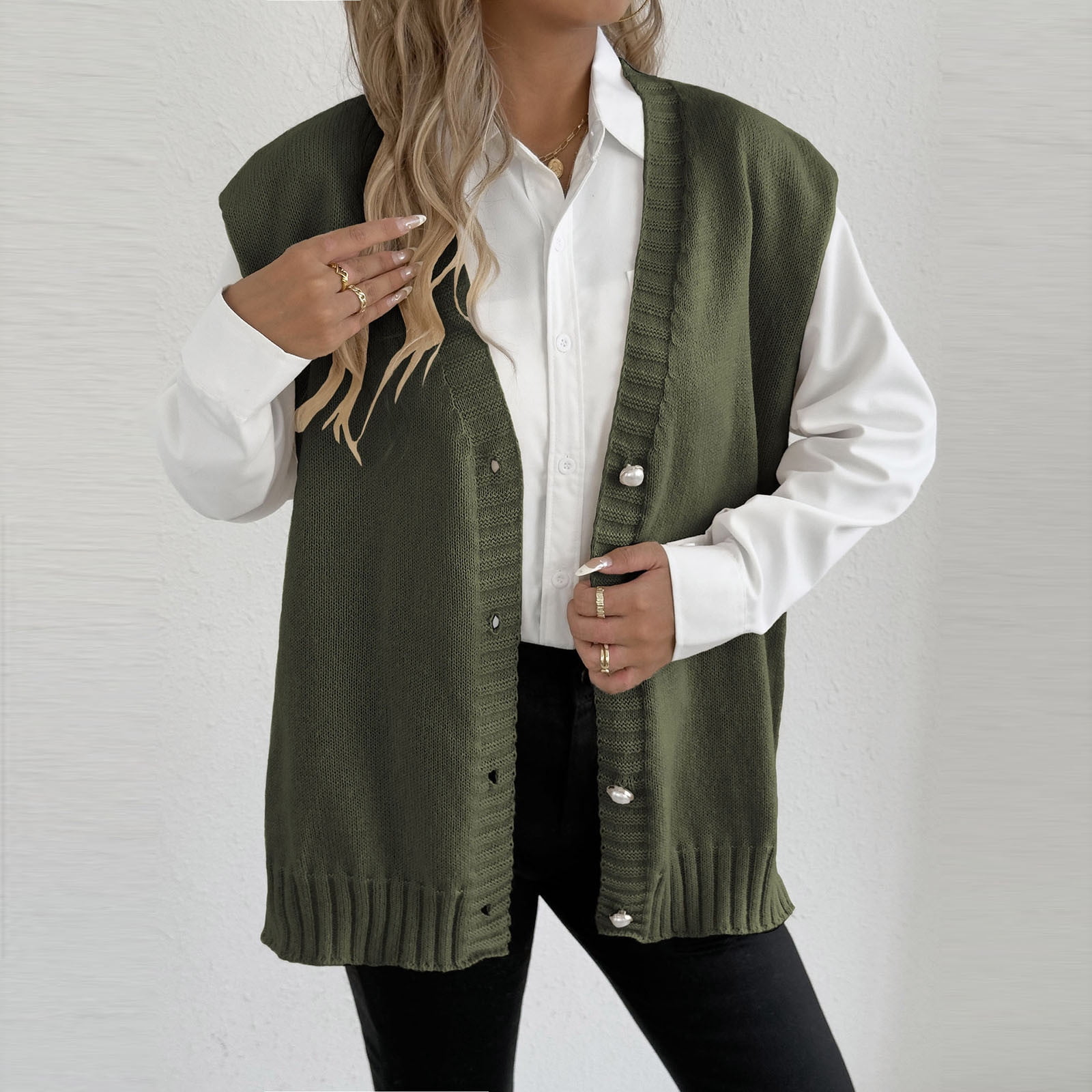 AUNVITO Women's Sleeveless Solid Knit Vest with V-Neck and Button Front ...