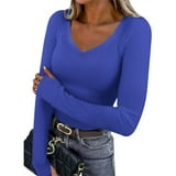 AUNVITO Women's Slim Fit V-Neck Long Sleeve Top Ribbed Texture Casual ...