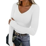 AUNVITO Women's Slim Fit V-Neck Long Sleeve Top Ribbed Texture Casual ...