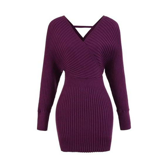 AUNVITO Women's Slim Fit V-Neck Off-Shoulder Long Sleeve Dress Casual ...