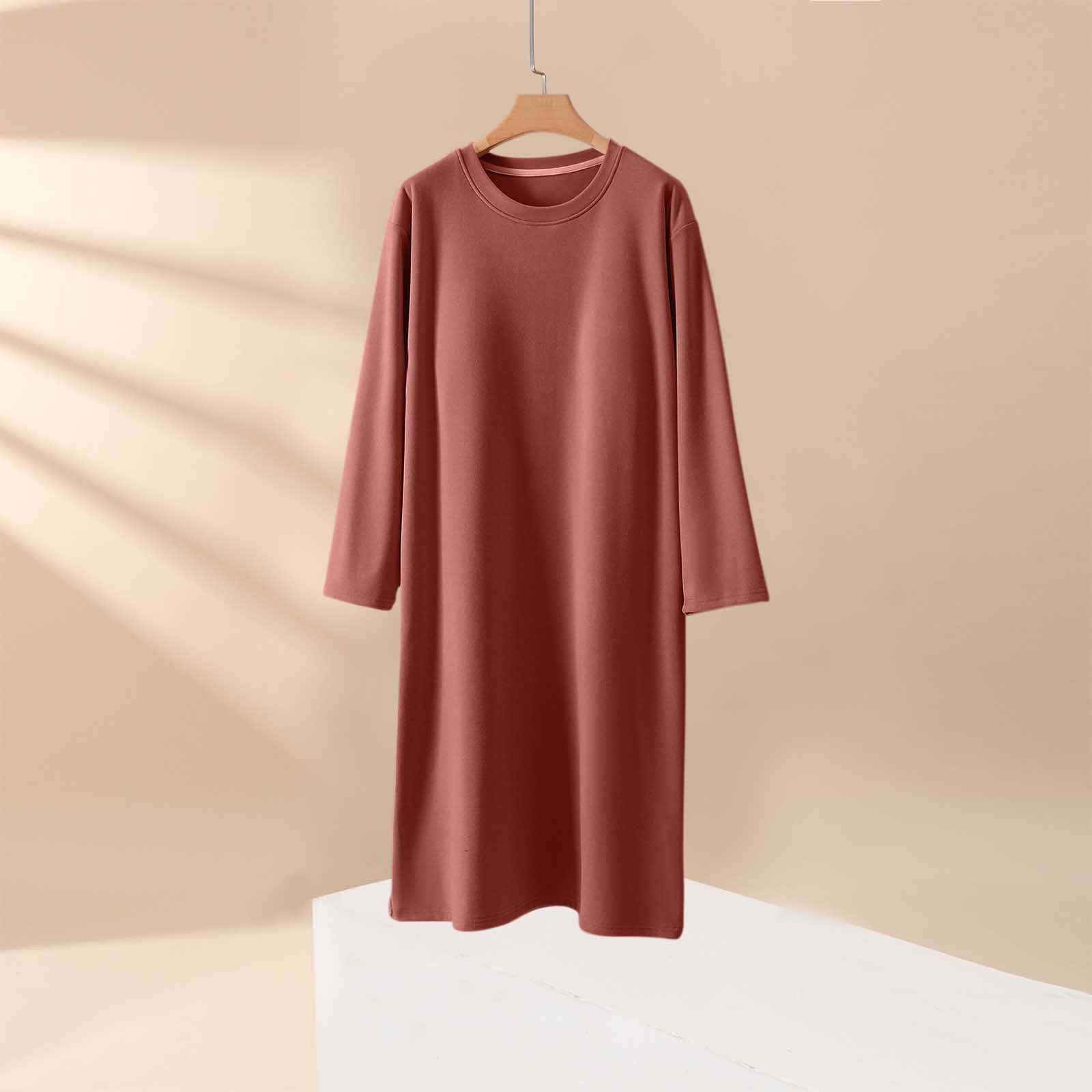AUNVITO Women's Solid Color Nightdress Round Neck Long Sleeve Loose Fit ...