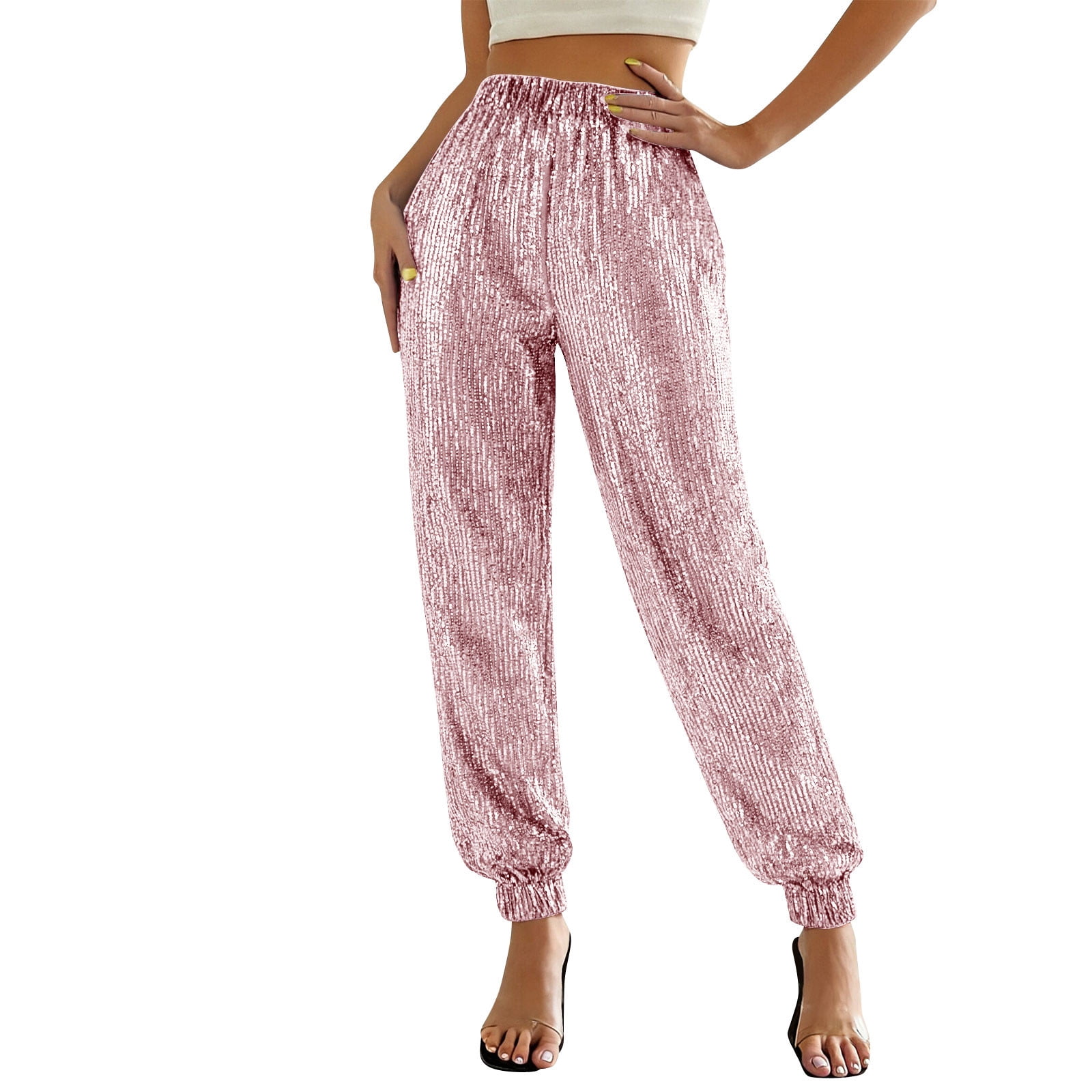 AUNVITO Women's Solid Color Pants with Sparkling Sequins Elastic ...