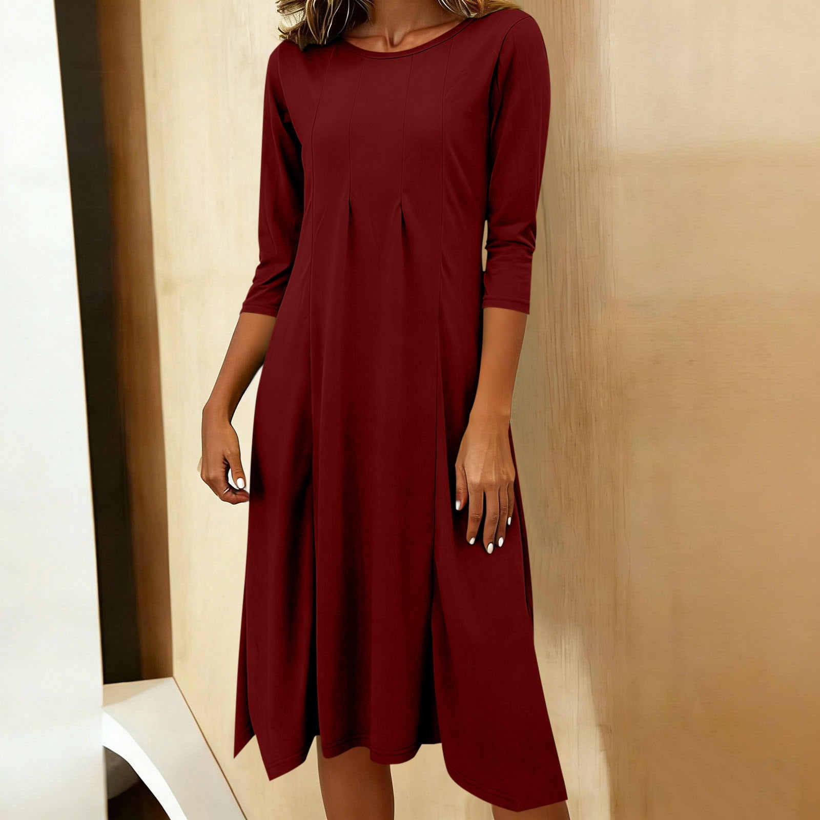 AUNVITO Women's Solid Color Round Neck Ruffled Three-Quarter Sleeve ...