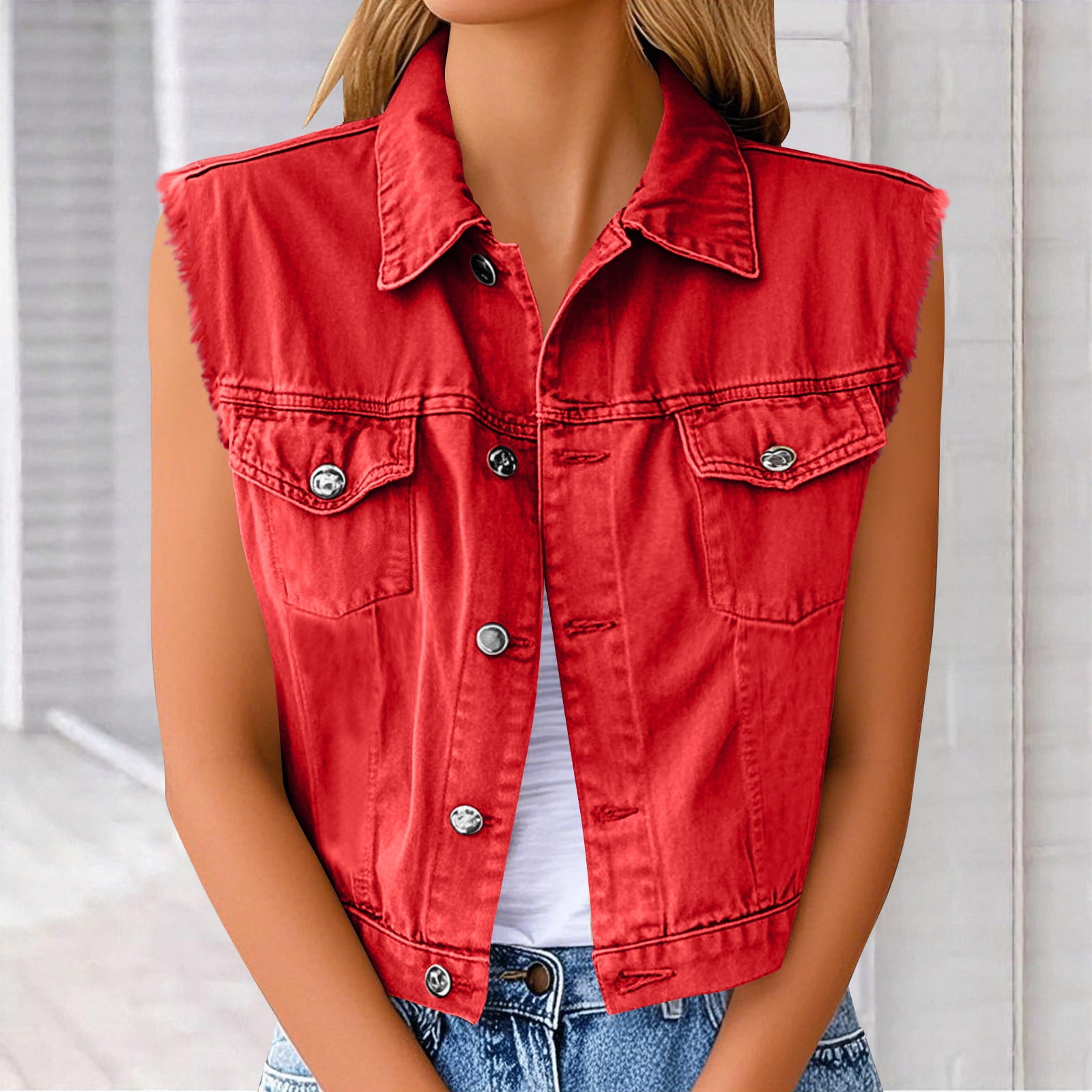 AUNVITO Women's Solid Color Sleeveless Vest Button Front Lapel Collar ...