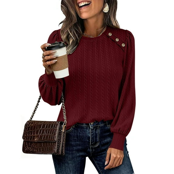 AUNVITO Women's Solid Color Textured Knitted Long Sleeve Top Round Neck ...