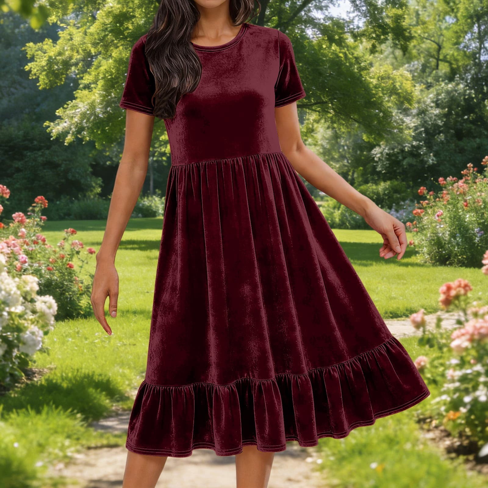 AUNVITO Women's Solid Color Velvet Dress Loose Fit Round Neck Short ...