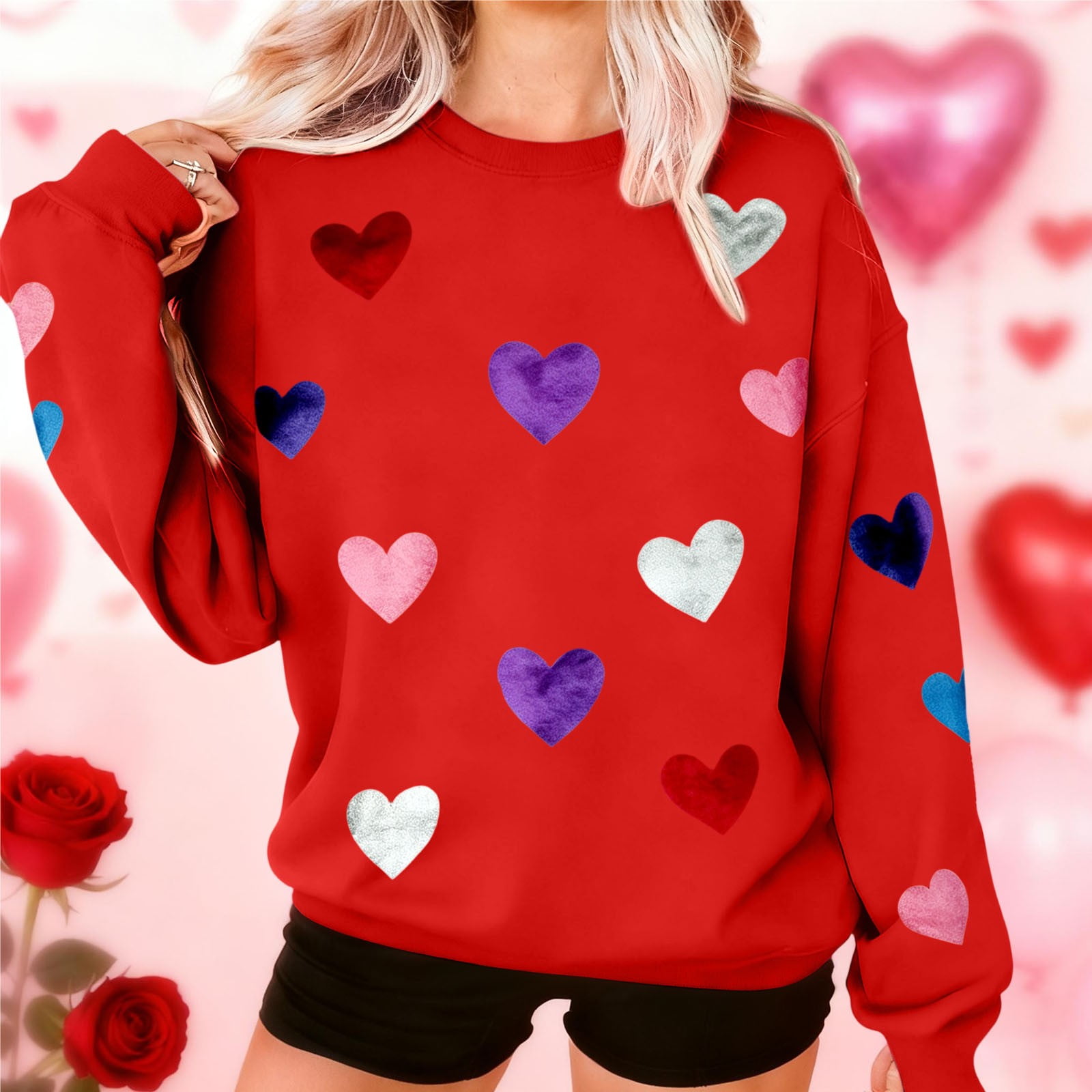 AUNVITO Women's Sparkle Heart Print Sweatshirt Round Neck Long Sleeve ...