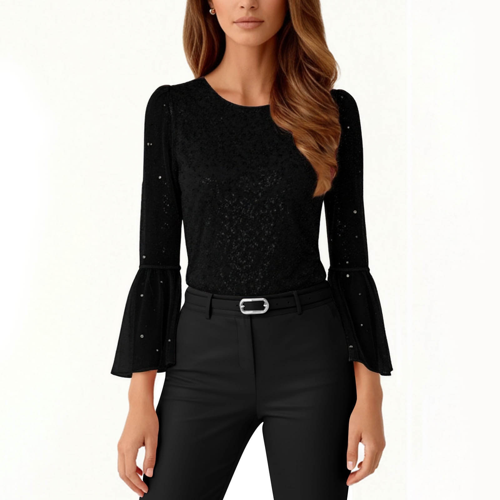 AUNVITO Women's Sparkle T-shirt Round Neck 3/4 Bell Sleeve Loose Fit ...