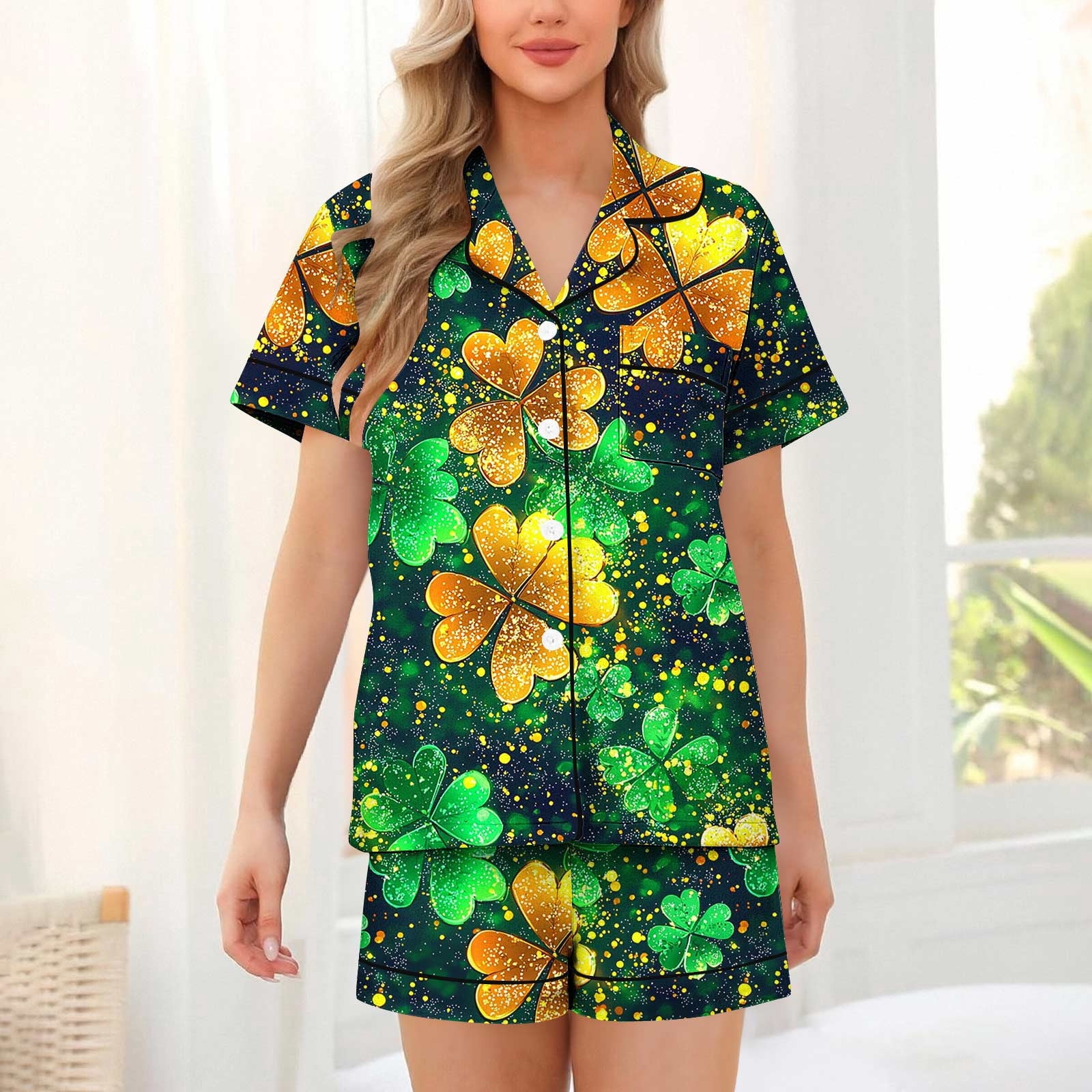 AUNVITO Women's St Patrick's Pajama Set Button Front Cardigan Lapel ...