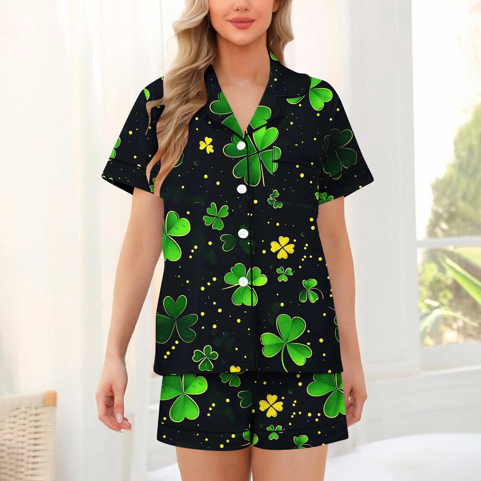 AUNVITO Women's St Patrick's Pajama Set Button Front Cardigan Lapel ...