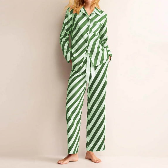 AUNVITO Women's Striped Pajama Set Long Sleeve Lapel Collar Comfortable ...