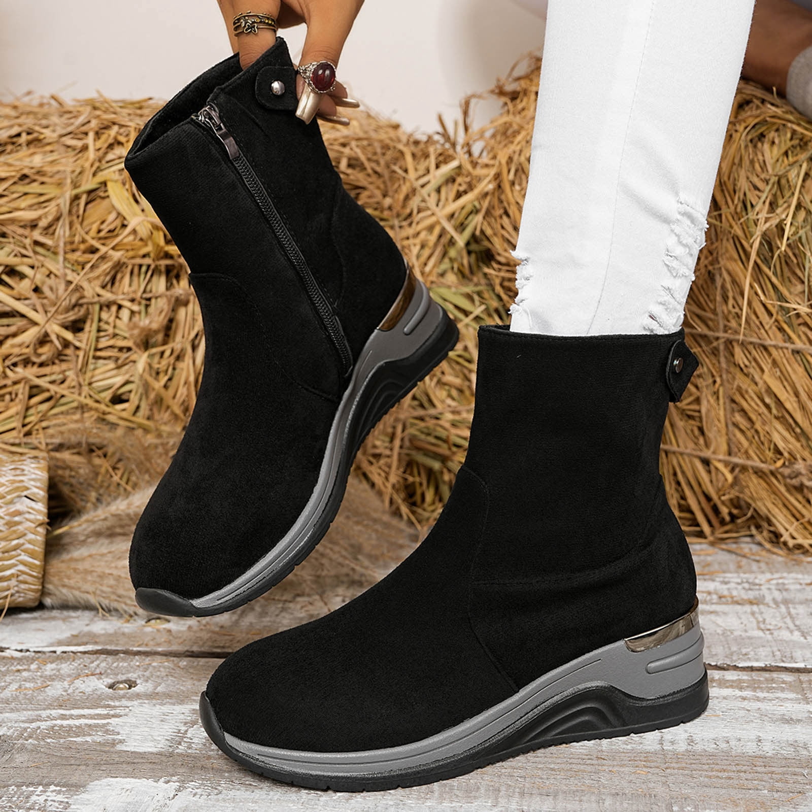 AUNVITO Women's Suede Wedge Heel Ankle Boots Comfortable Height ...