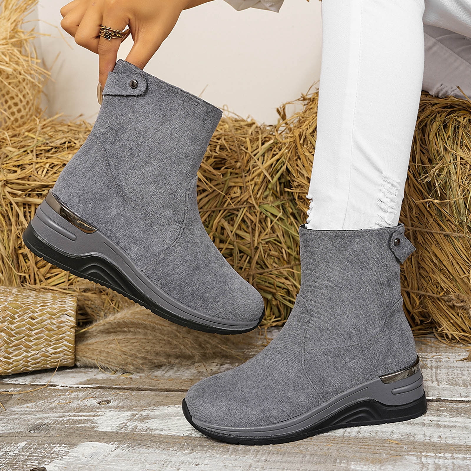 AUNVITO Women's Suede Wedge Heel Ankle Boots Comfortable Height ...