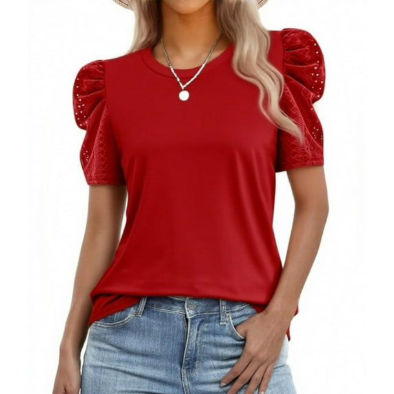 AUNVITO Women's Summer Puff Sleeve Blouse with Round Neck for Casual ...