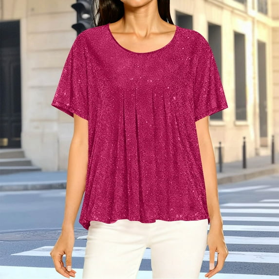 AUNVITO Women's T-Shirt Round Neck Short Sleeve Pleated Loose Fit ...