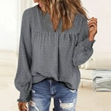 AUNVITO Women's Top Long Sleeve V-Neck Lace Trim Gathered Sleeve Loose ...