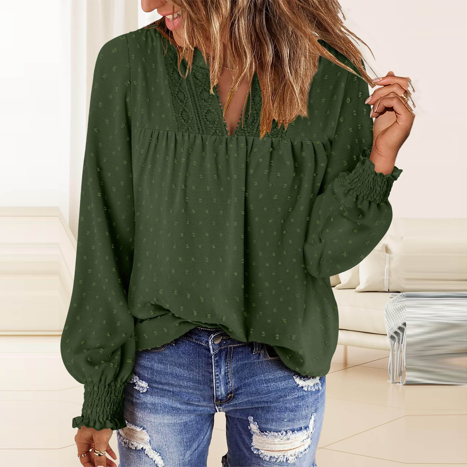 AUNVITO Women's Top Long Sleeve V-Neck Lace Trim Gathered Sleeve Loose ...