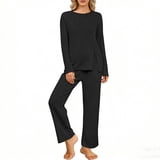 AUNVITO Women's Two Piece Pajama Set Round Neck Straight Leg Pants Soft ...