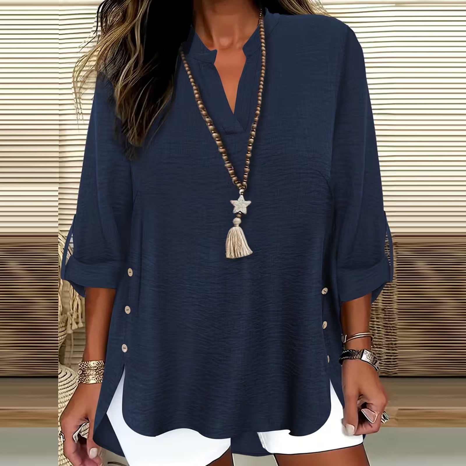 AUNVITO Women's V-Neck Button Down Long Sleeve Blouse with Side Slit ...