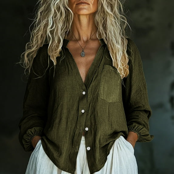 AUNVITO Women's V Neck Button Front Long Sleeve Blouse with Royal ...