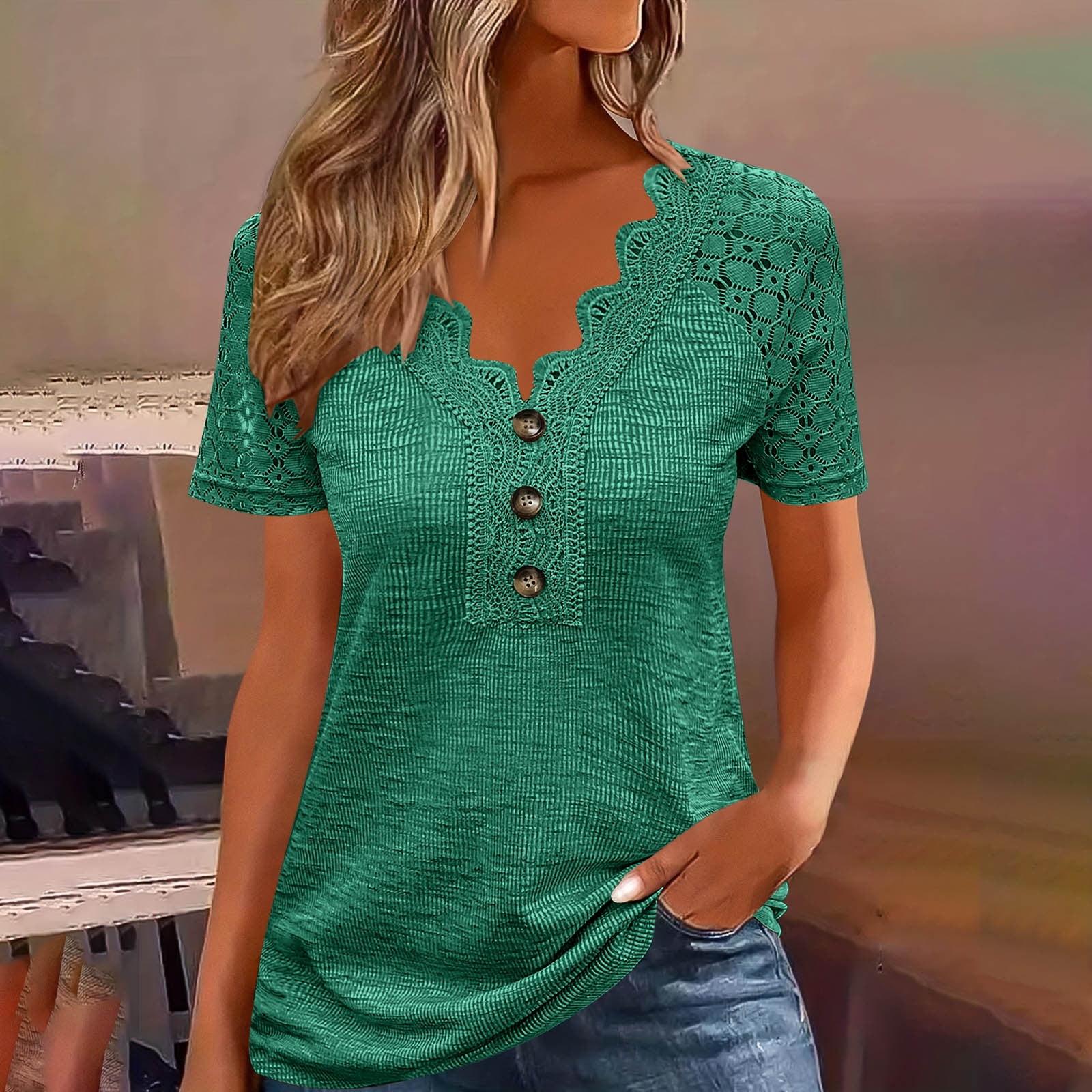 AUNVITO Women's V-Neck Casual Top Button Trim Lace Short Sleeve T-Shirt ...