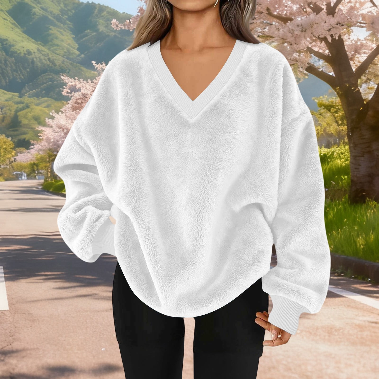 AUNVITO Women's V-Neck Fleece Sweatshirt Long Sleeve Solid Color Soft ...