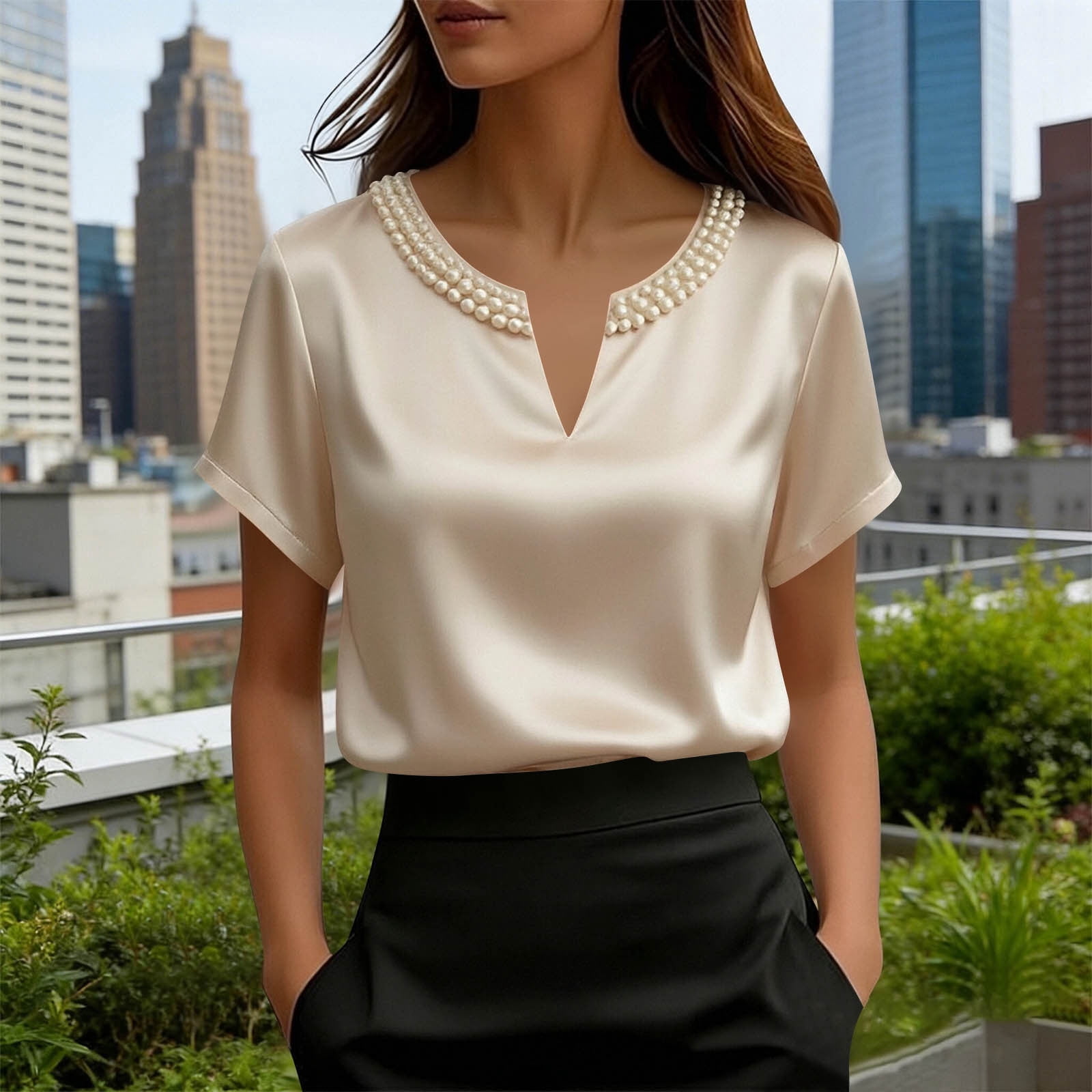 AUNVITO Women's V Neck Pearl Blouse Short Sleeve Top Casual Office Wear ...