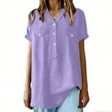 AUNVITO Women's V Neck Shirt Short Sleeve Button Detail Pullover Top ...