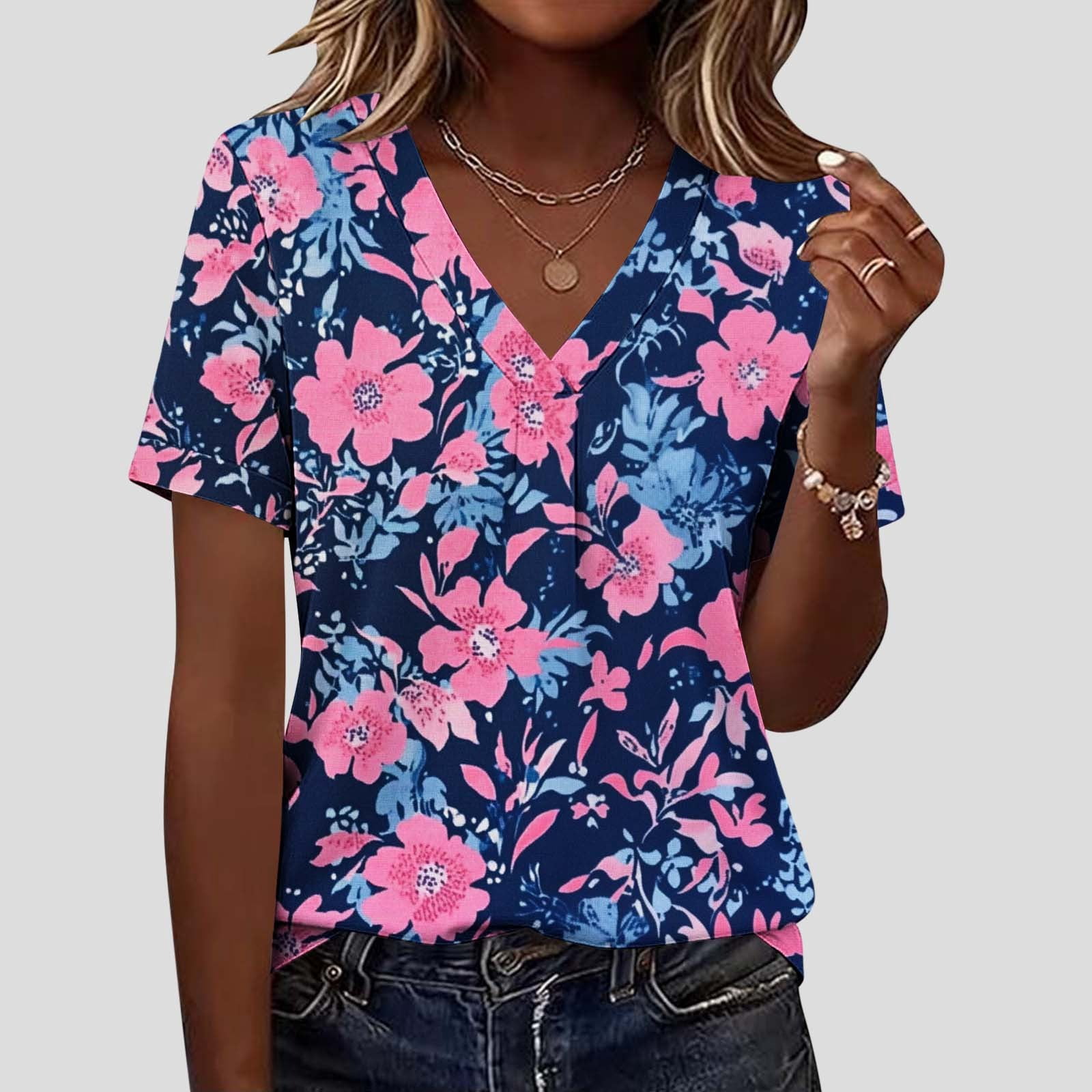 AUNVITO Women's V-Neck Short Sleeve T-Shirt Fashion Print Relaxed Fit ...