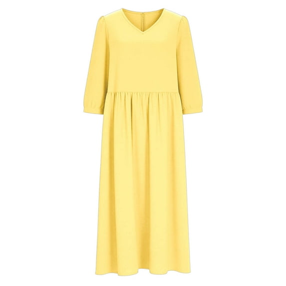 AUNVITO Women's V Neck Smocked Dress Casual Loose Fit Cotton Dress with ...