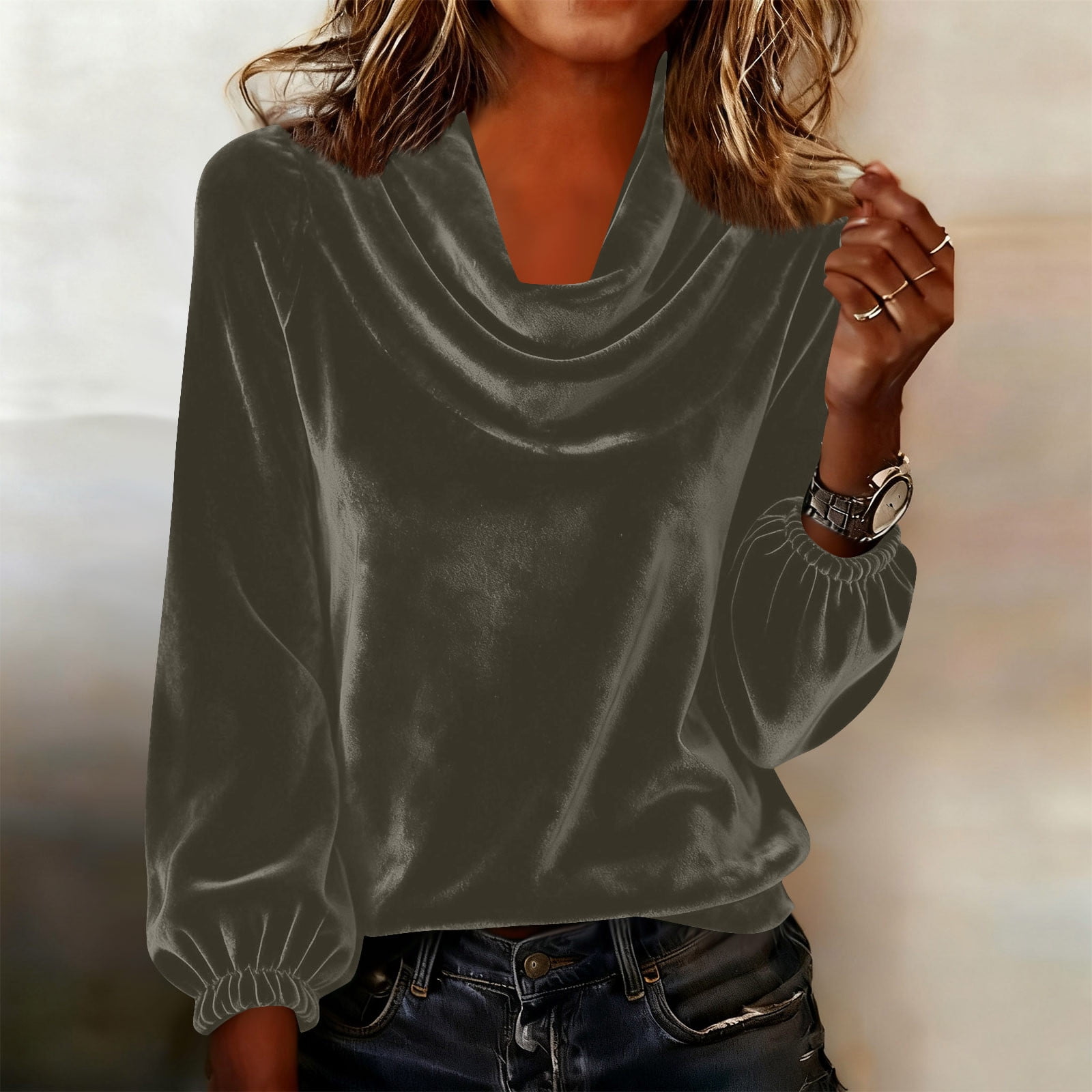 AUNVITO Women's V-Neck Stacked Neck Long Sleeve Top with Ruffled ...