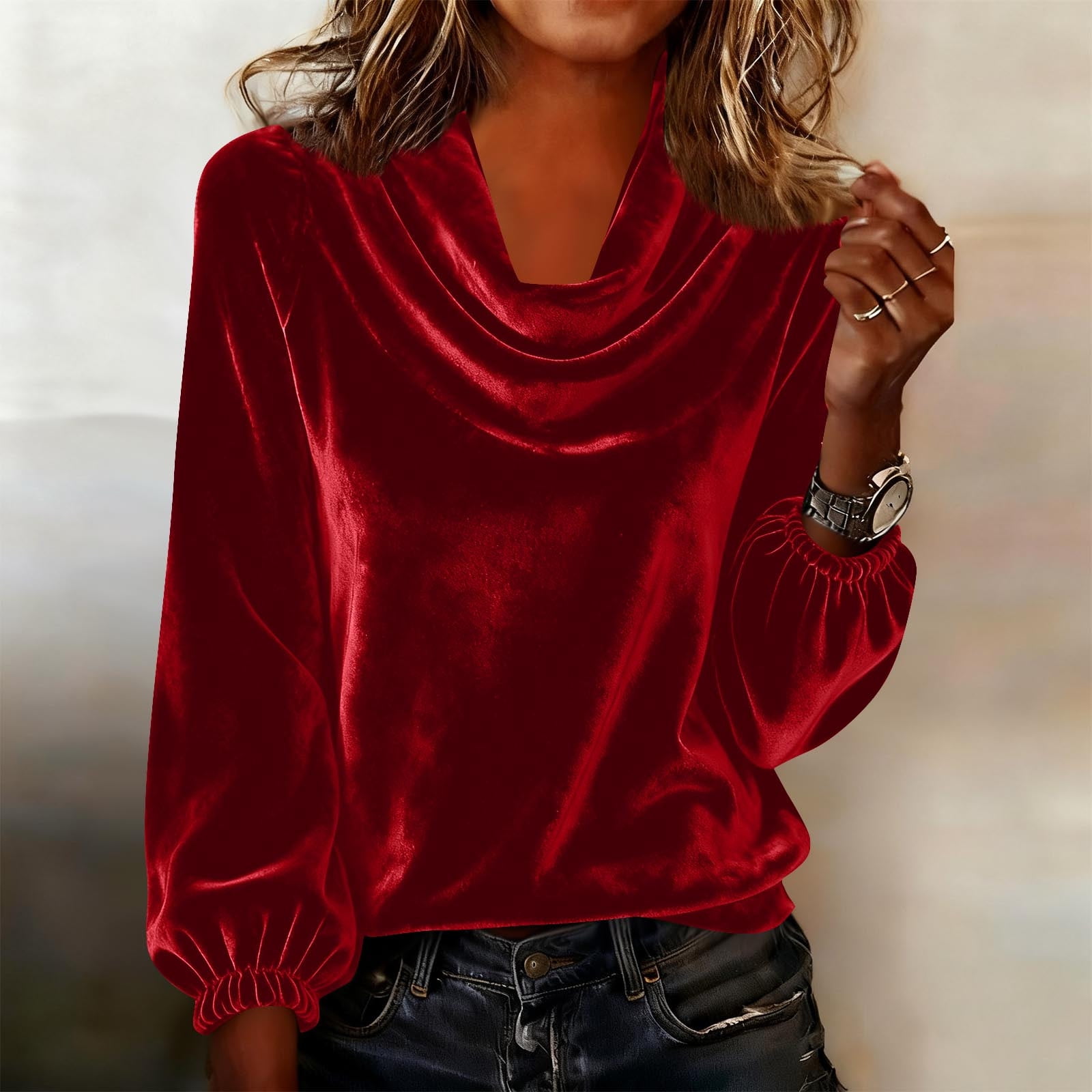 AUNVITO Women's V-Neck Stacked Neck Long Sleeve Top with Ruffled ...