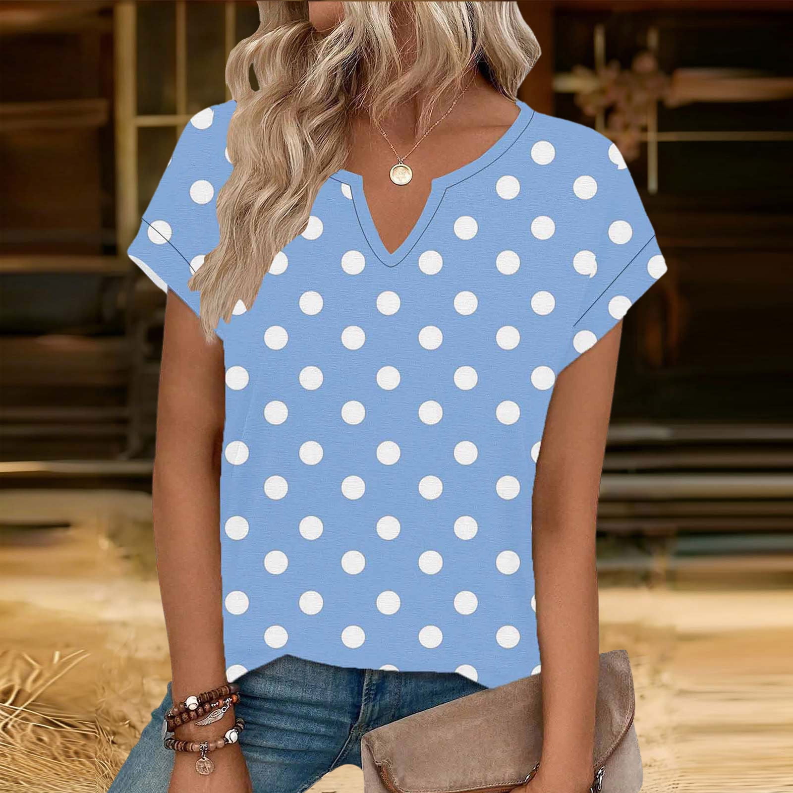 AUNVITO Women's V-Neck T-Shirt Short Sleeve with All-Over Print Casual ...