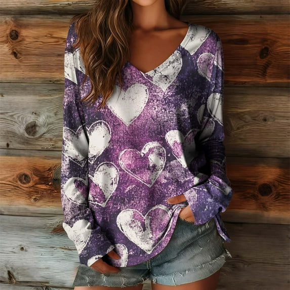AUNVITO Women's Valentine's Day Blouse Long Sleeve V-Neck with Heart ...