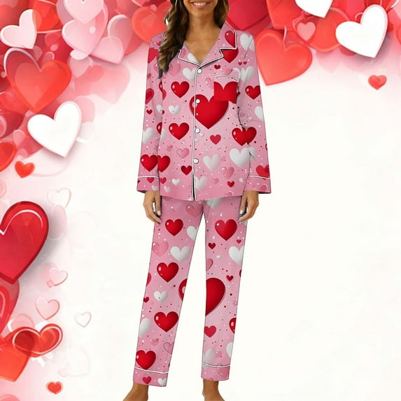 AUNVITO Women's Valentine's Day Pajama Set Long Sleeve Turn-Down Collar ...