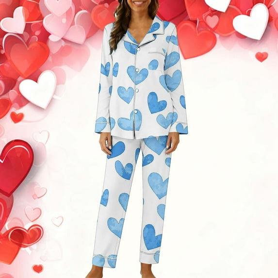 AUNVITO Women's Valentine's Day Pajama Set Long Sleeve Turn-Down Collar ...