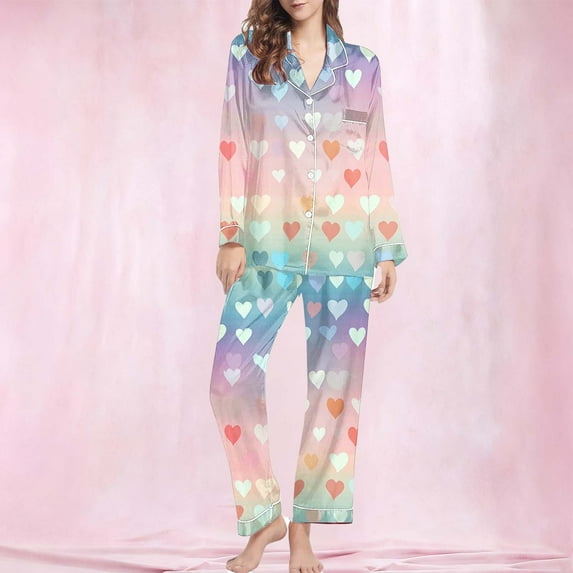 AUNVITO Women's Valentine's Day Pajama Set Long Sleeve Turn-Down Collar ...