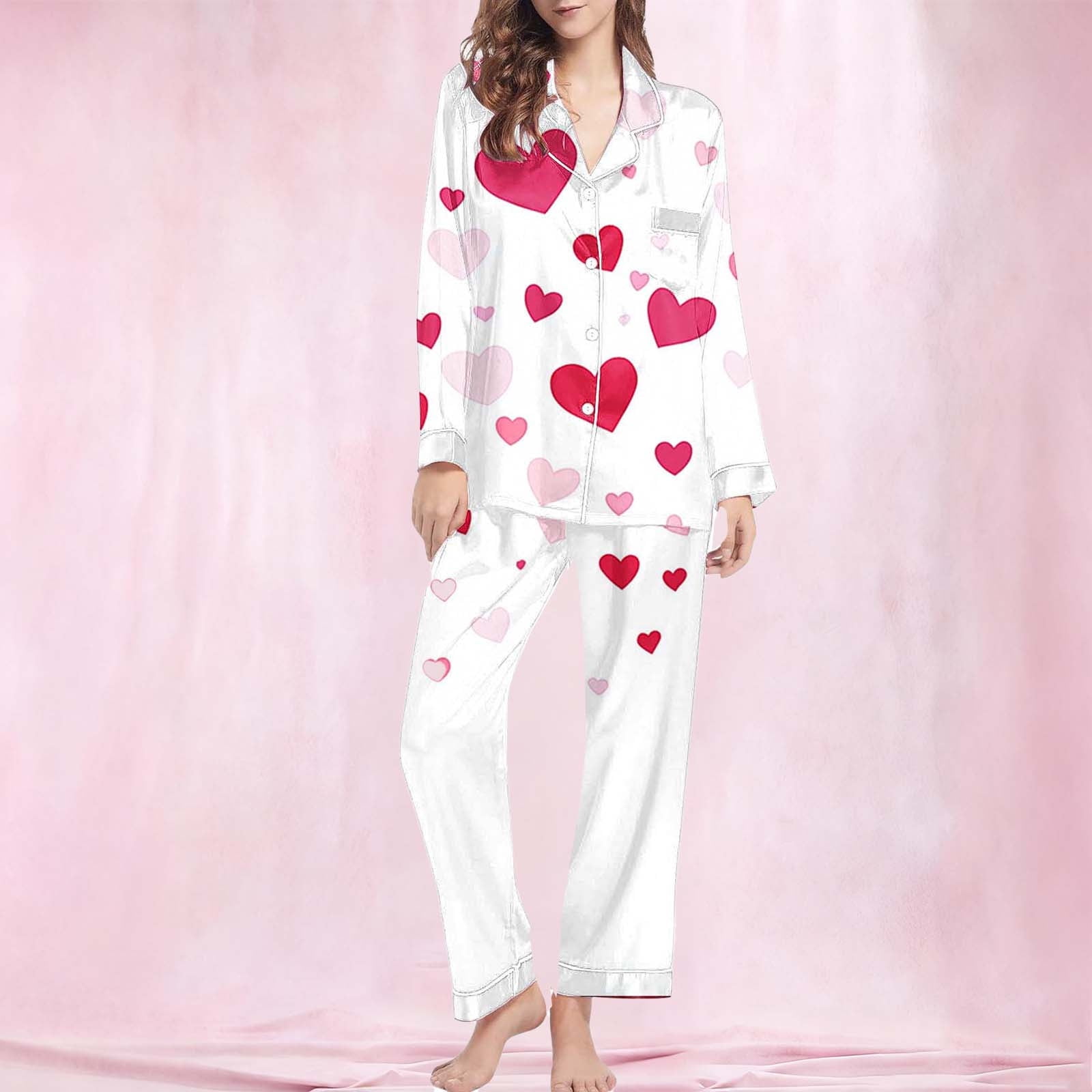 AUNVITO Women's Valentine's Day Pajama Set Long Sleeve Turn-Down Collar ...